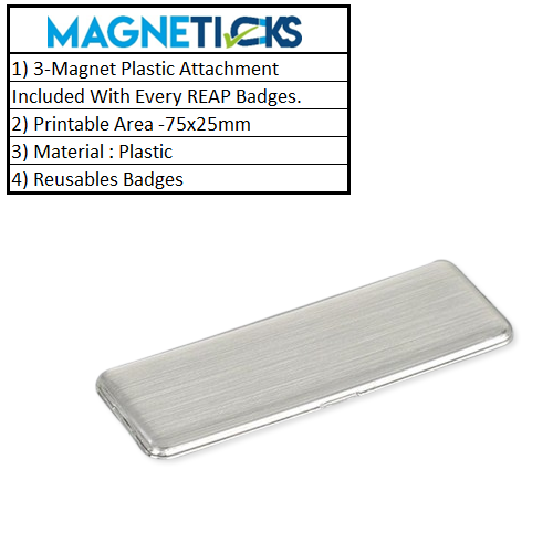 REAP 75X25mm Silver Colour Plastic Reusable Name Tag with Magnetic Bac ...
